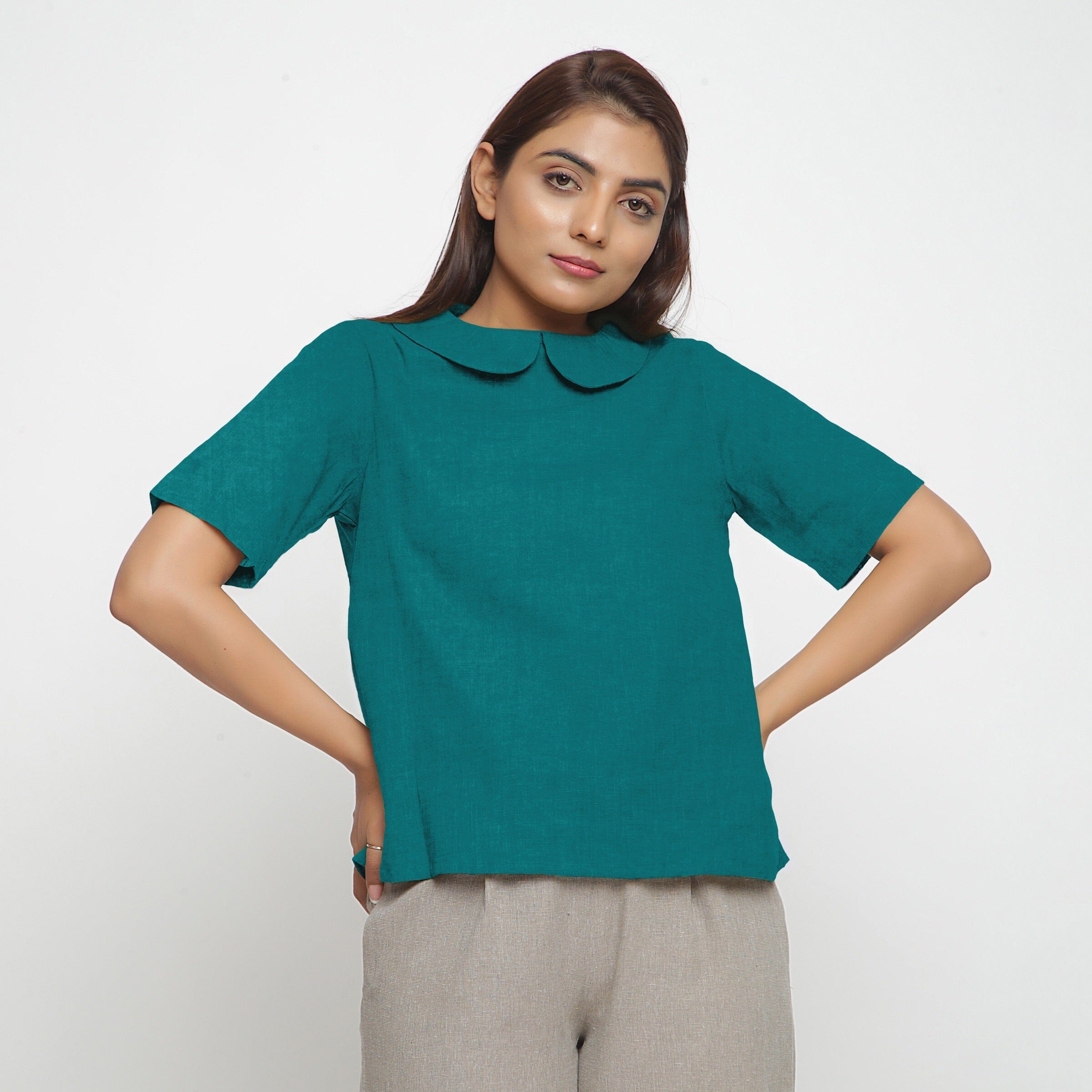 Buy Pine Green Cotton Linen Peter Pan Collar Half Sleeve Top Online at ...